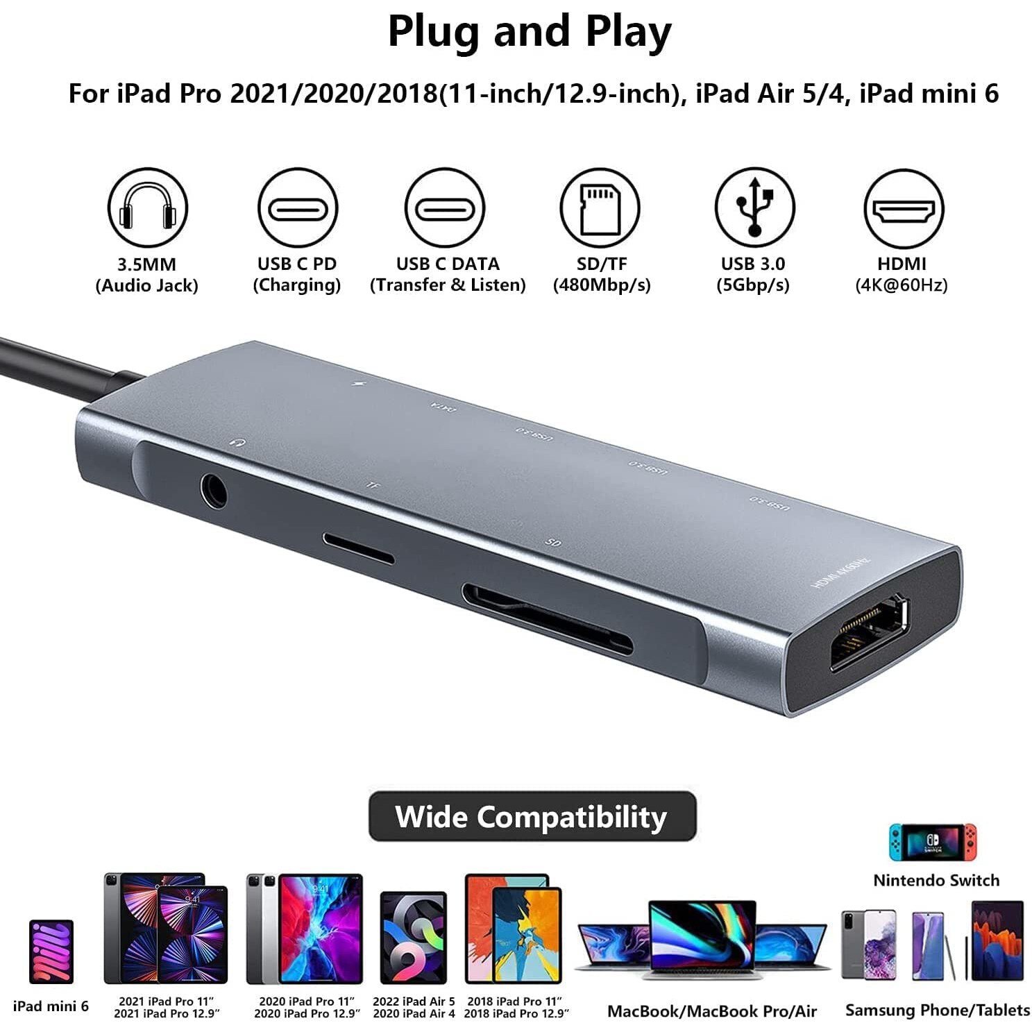 Hub Multiport 9 in 1, BKS, Card Reader SD/MicroSD, USB-C PD, Space Gray ...