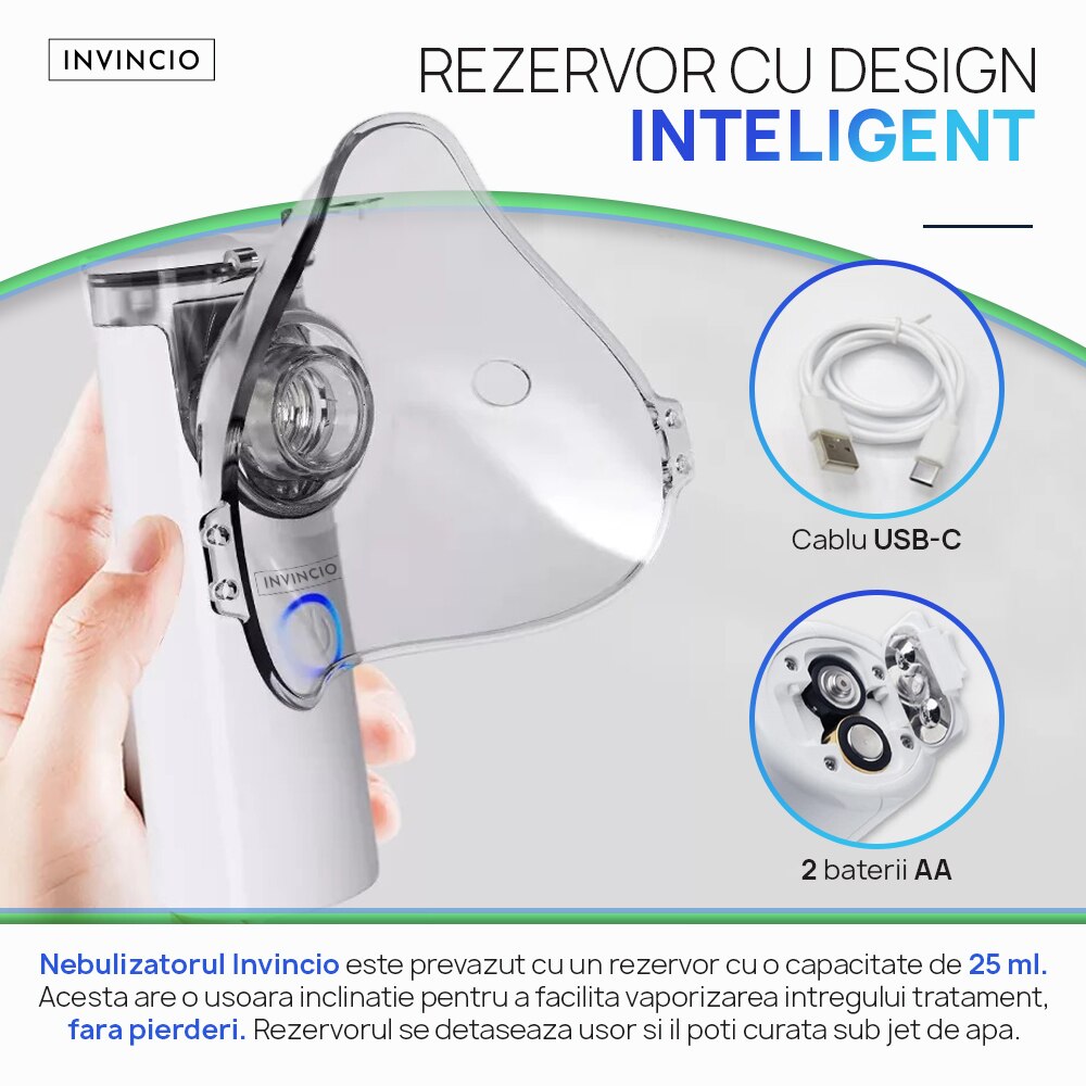 Aparat Aerosoli Invincio®, nebulizator portabil ultrasonic, Tehnologie mesh, 3 moduri ...