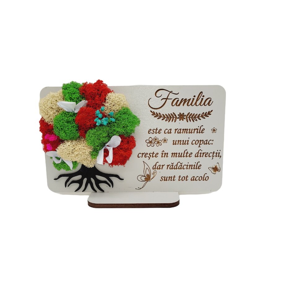 Tablou cu licheni "Familia este ca ramurile unui copac", Lemn, 20x12 cm ...
