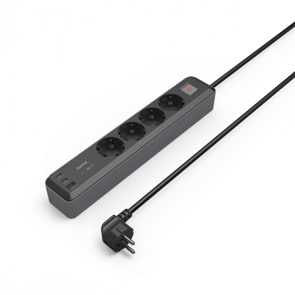Разклонител Hama, 4-гнезда, USB-C/A 65 W, PD, ключ on/off, 1,4 м, черен/сив - eMAG.bg