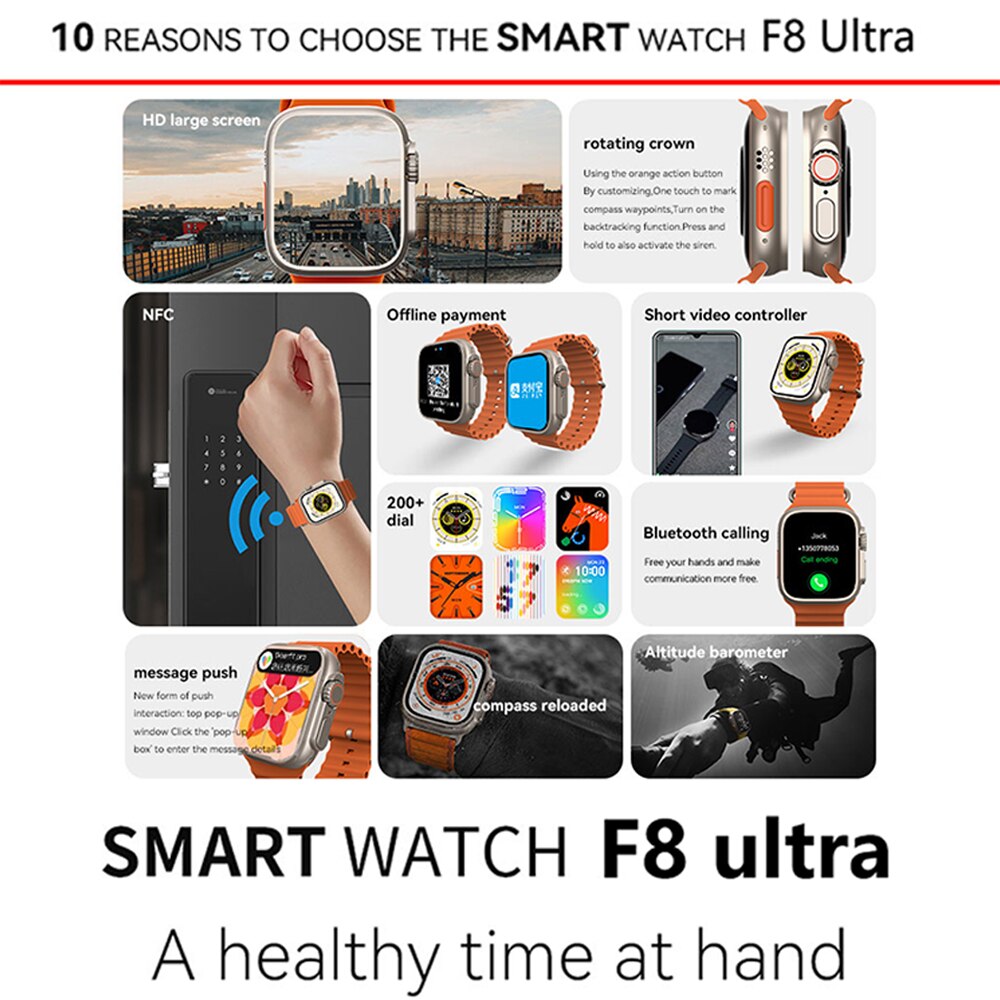 Smartwatch F8 Ultra, Bluetooth 5.2, 2.02'', 380mAh, Negru - eMAG.ro