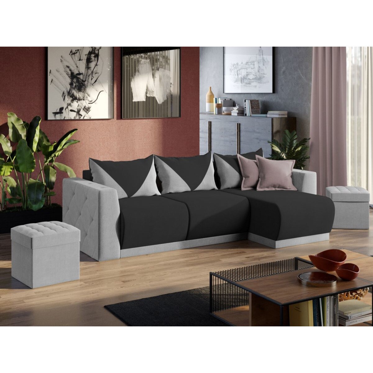 Coltar Luna, extensibil, cu lada depozitare, stofa, 266 x 155 x 87 cm, Antracit / Gri Deschis ...