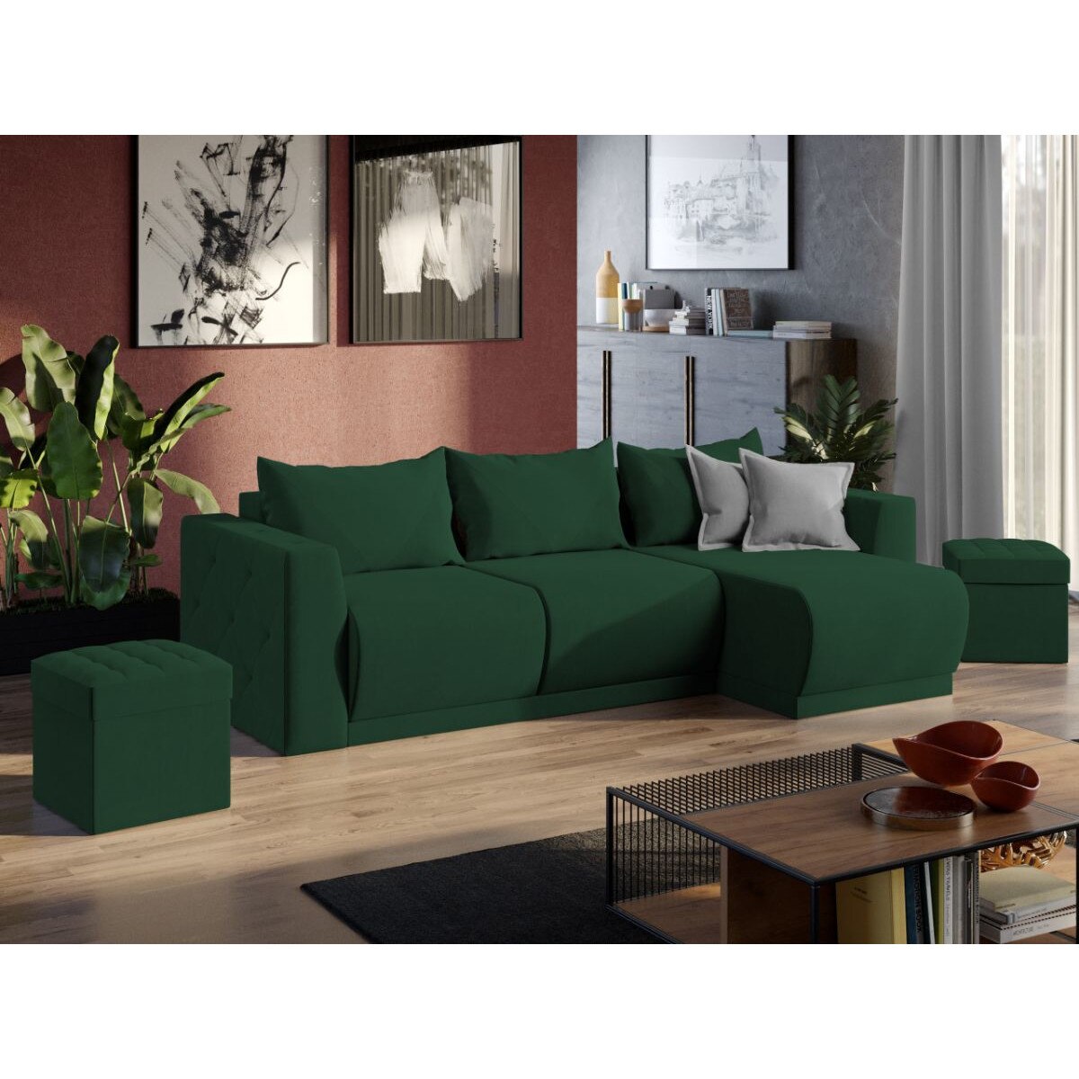 Coltar Luna, extensibil, cu lada depozitare, stofa, 266 x 155 x 87 cm ...