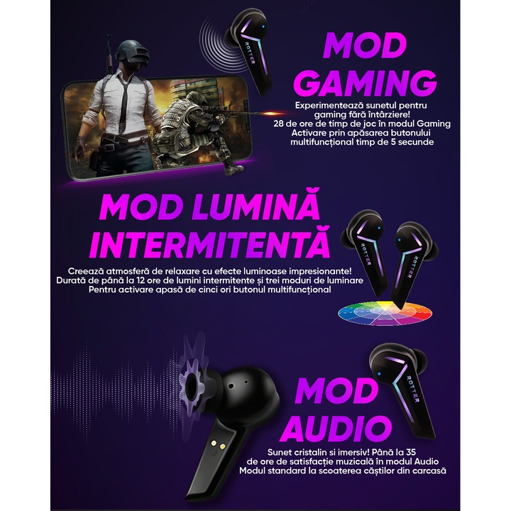 Casti gaming bluetooth ROTTER®, Wireless audio, Fara Fir, Afisaj ...