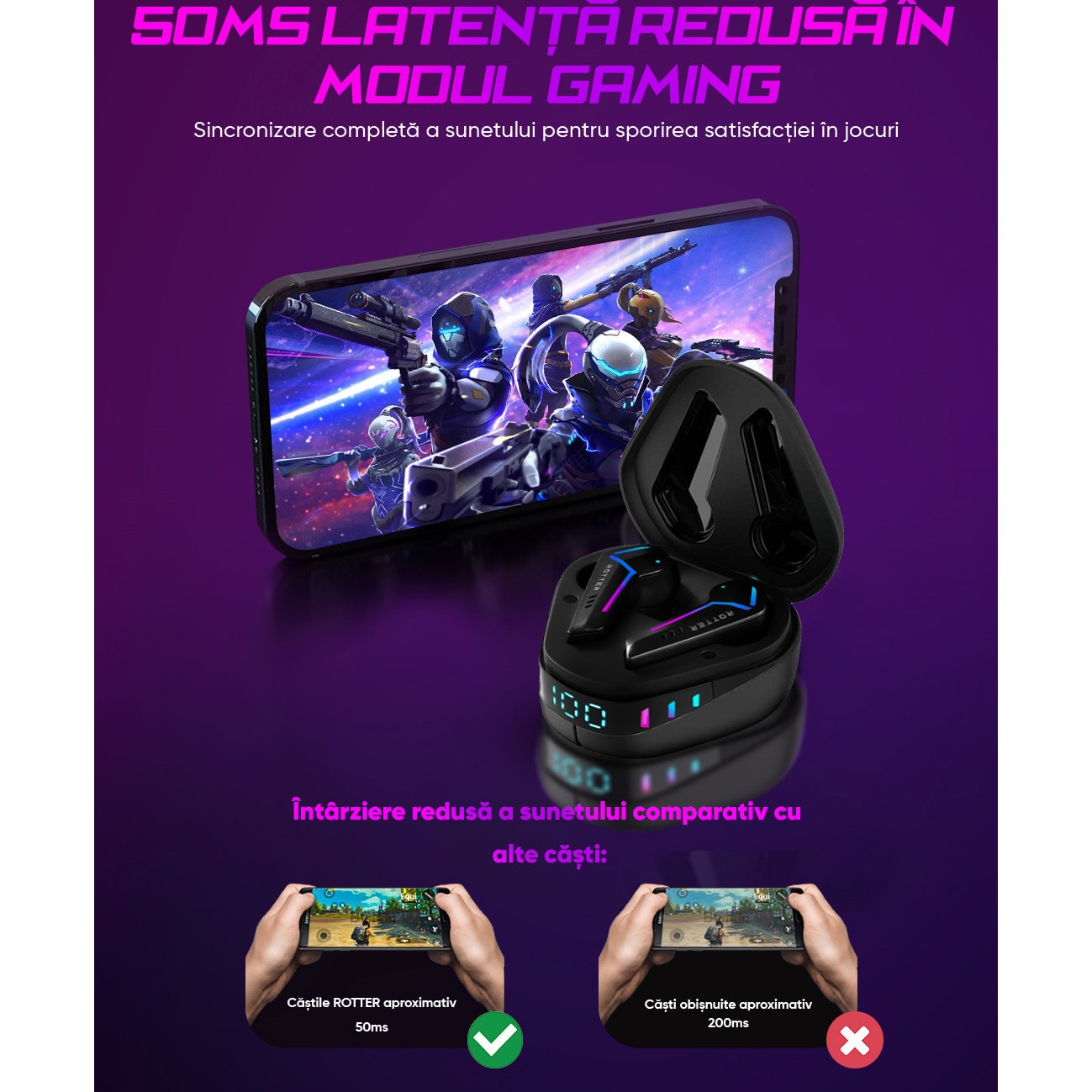 Casti gaming bluetooth ROTTER®, Wireless audio, Fara Fir, Afisaj ...