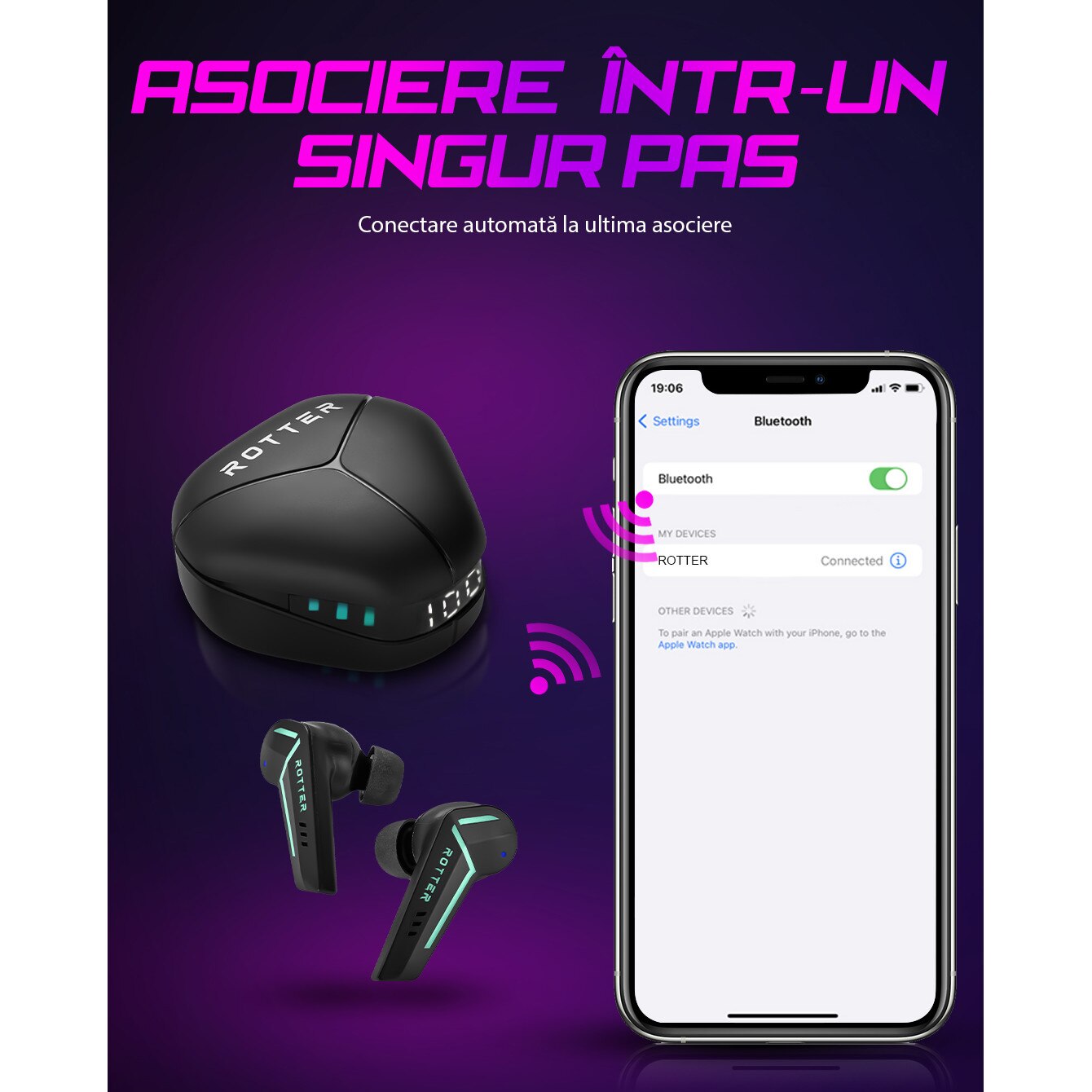 Casti Gaming Bluetooth ROTTER®, Wireless Audio, Fara Fir, Afisaj ...