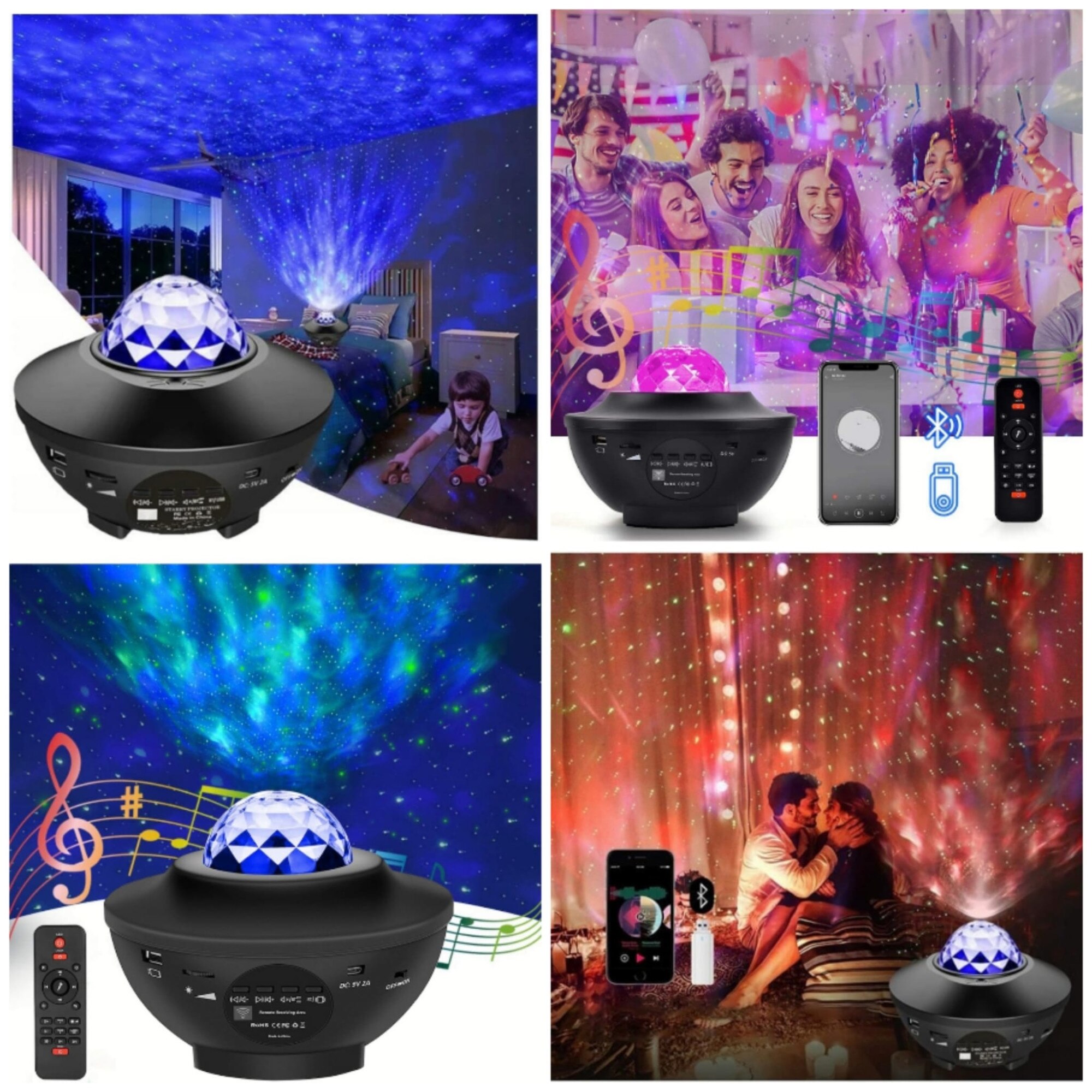 Lampa de Veghe cu proiector, led, telecomanda, bluetooth, usb, 4 culori, negru - eMAG.ro