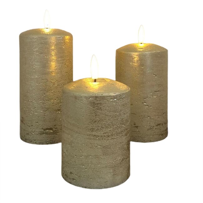 Set 3 lumanari din ceara aurie, flacara 3D cu LED, pentru interior ...