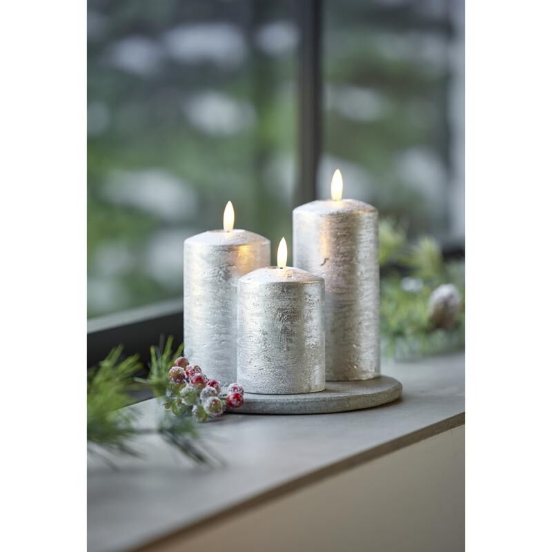 Set 3 lumanari din ceara argintie, flacara 3D cu LED, pentru interior ...