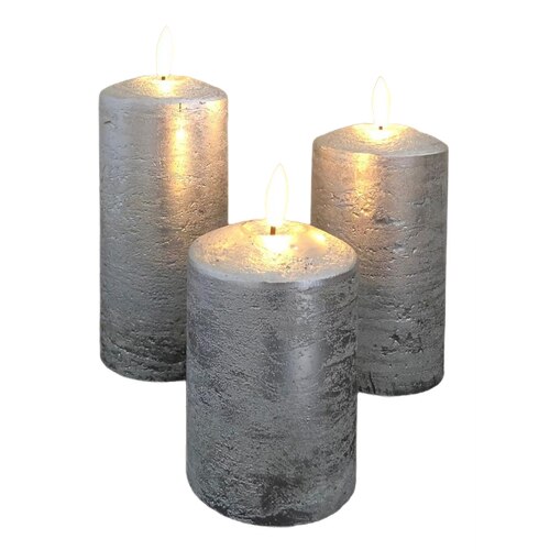 Set 3 lumanari din ceara argintie, flacara 3D cu LED, pentru interior ...