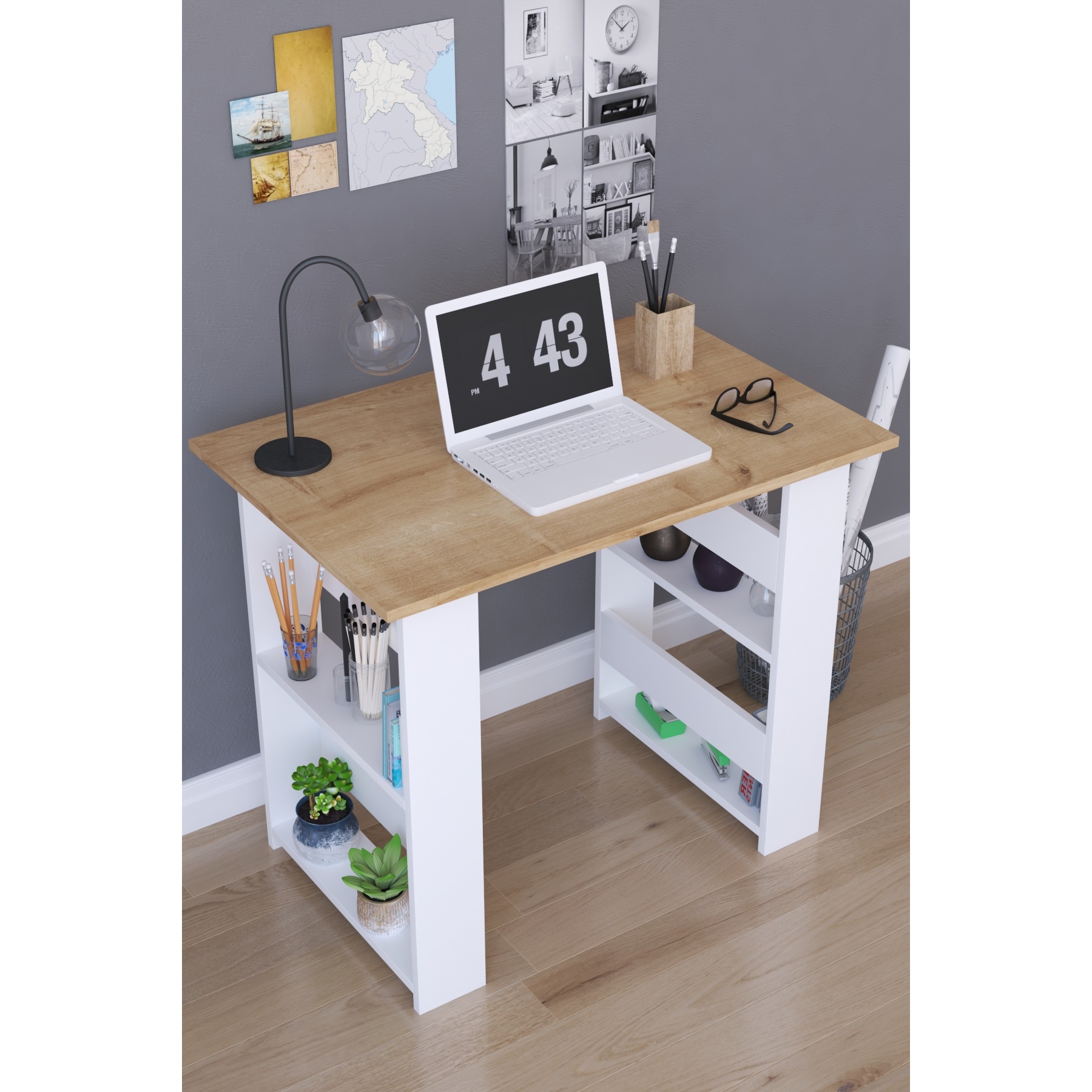 Birou cu rafturi Wish Homs 90 x 60 x 75 cm, Alb/stejar - eMAG.ro