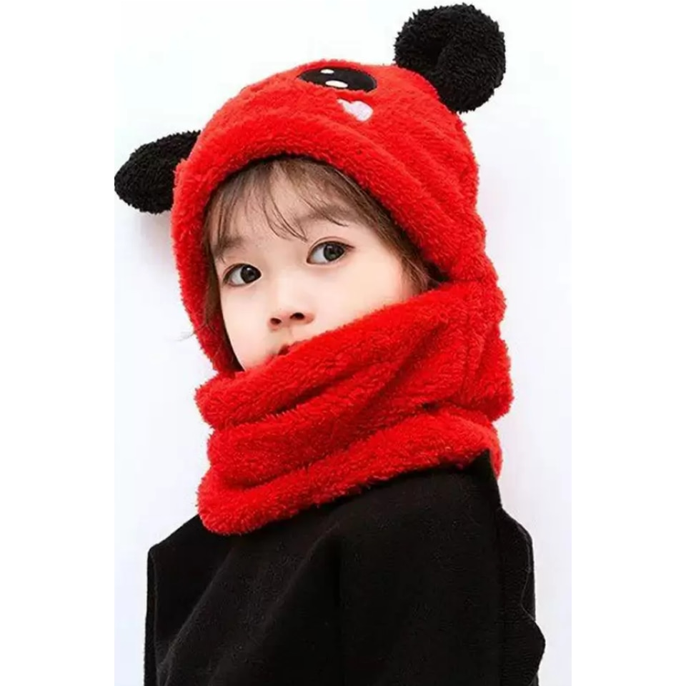 Caciula pentru copii, tip cagula, model ursulet zambitor, 1-5 ani, rosu ...