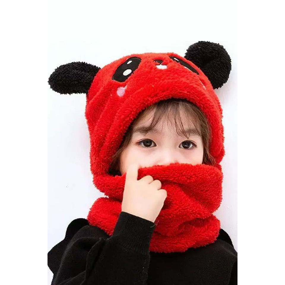 Caciula pentru copii, tip cagula, model ursulet zambitor, 1-5 ani, rosu ...