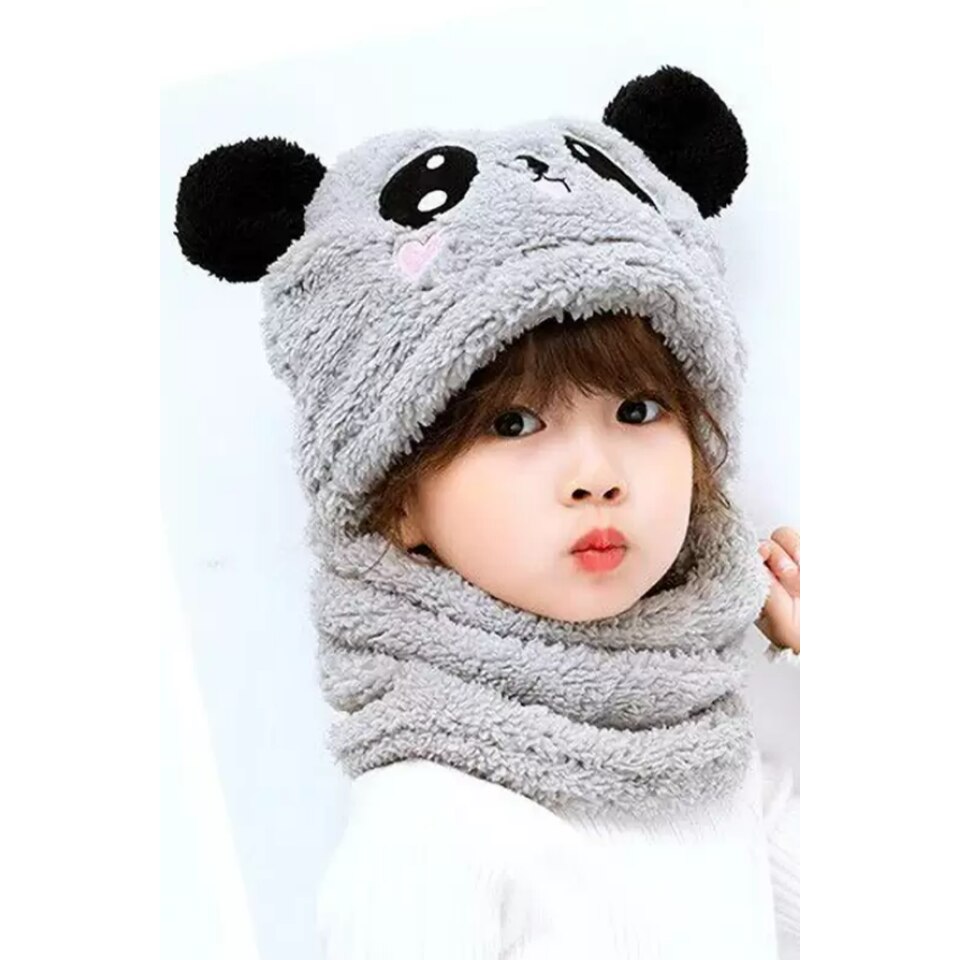 Caciula pentru copii, tip cagula, model ursulet zambitor, 1-5 ani, gri ...