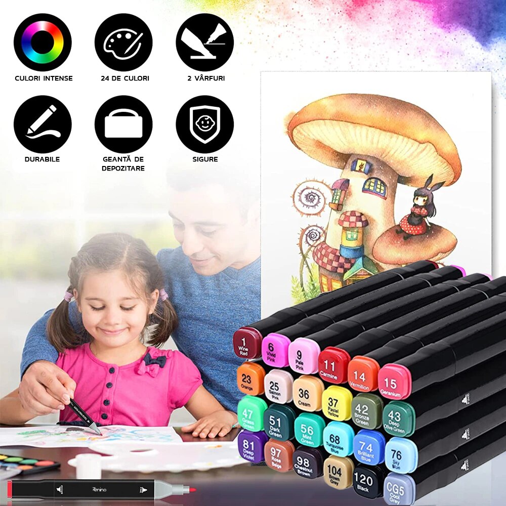 Set 24 Markere Zenino - Geanta de Depozitare Inclusa, 2 Varfuri, Culori ...