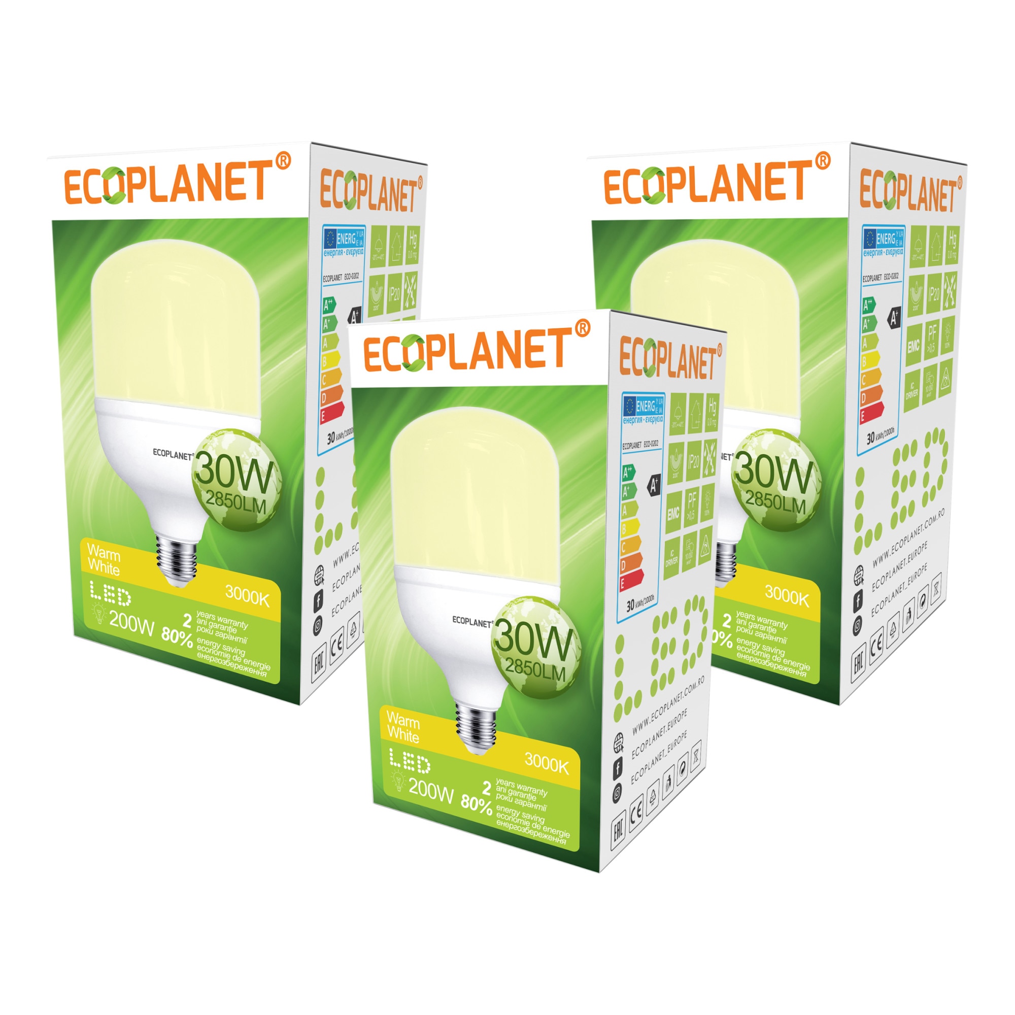 Set 3 Buc - Bec LED Ecoplanet T100 forma cilindrica, E27, 30W (200W ...