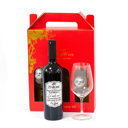 Set vin cu doua pahare, cutie rosie, Poem Design, Cu ocazia aniversarii ...