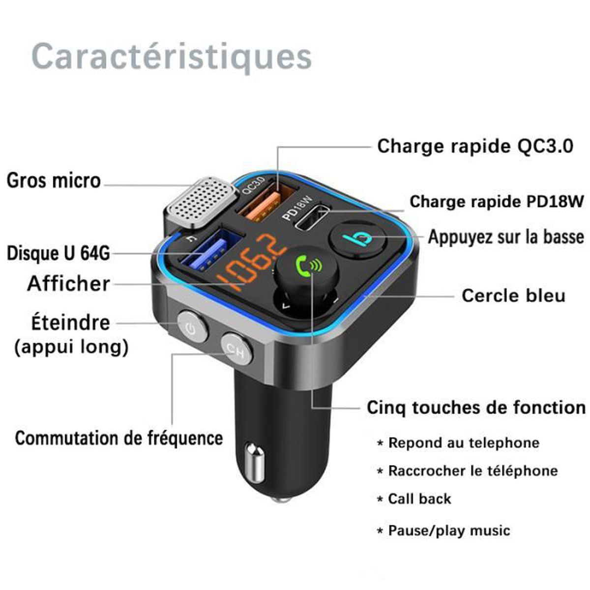 Modulator FM Auto, Bluetooth 5.0, incarcator auto Fastcharge 3.0, USB ...