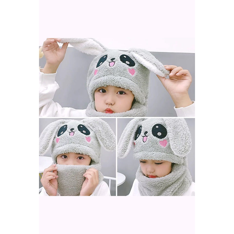 Caciula pentru copii, tip cagula, model iepuras vesel, 5-12 ani, gri ...