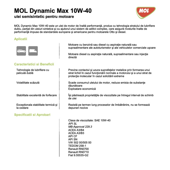 Масло MOL Dynamic Max 10W-40 1 L, Renault, Fiat, Mercedes, VW, Skoda ...