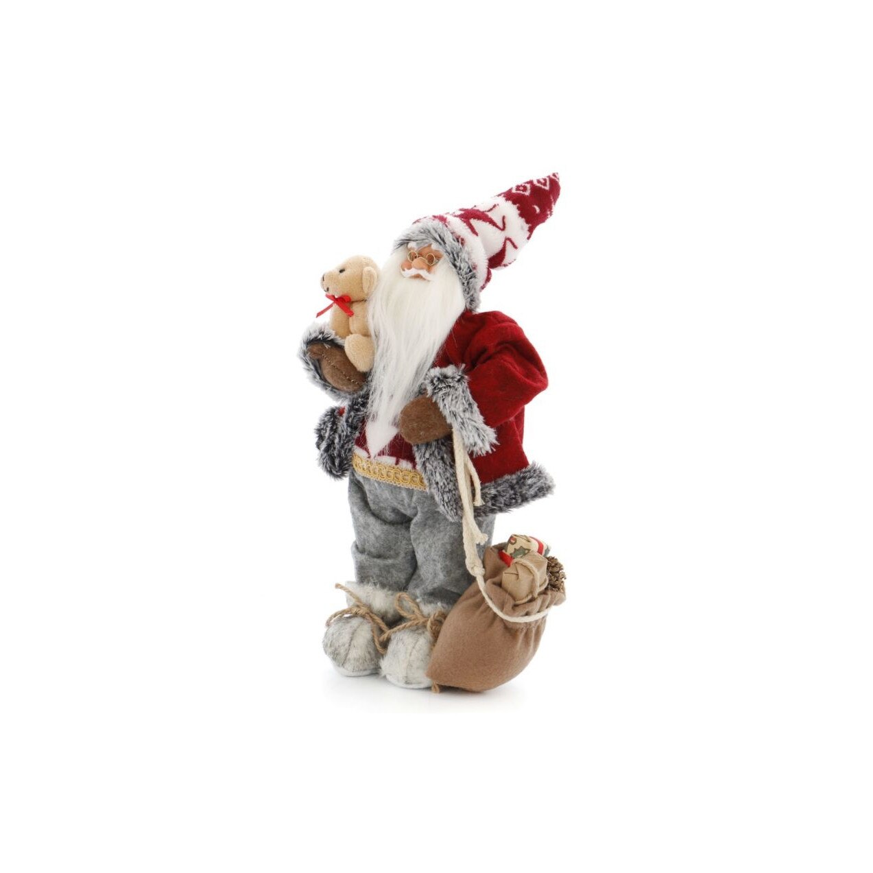 Figurina Mos Craciun Kring, cu ursulet si sac de cadouri, 30 cm, Rosu ...