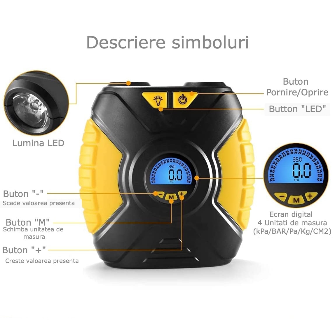 Compresor Auto digital, portabil 3 in 1, 12 V, cu LED - eMAG.ro