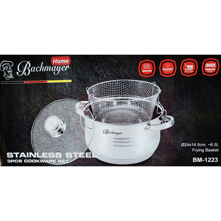 Тенджера, За пържене на картофи, Стъклен капак, Неръждаема стомана, 3 части - eMAG.bg