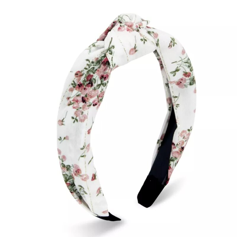 Bentita pentru par, model nod de cravata imprimeu floral, alba, marime ...