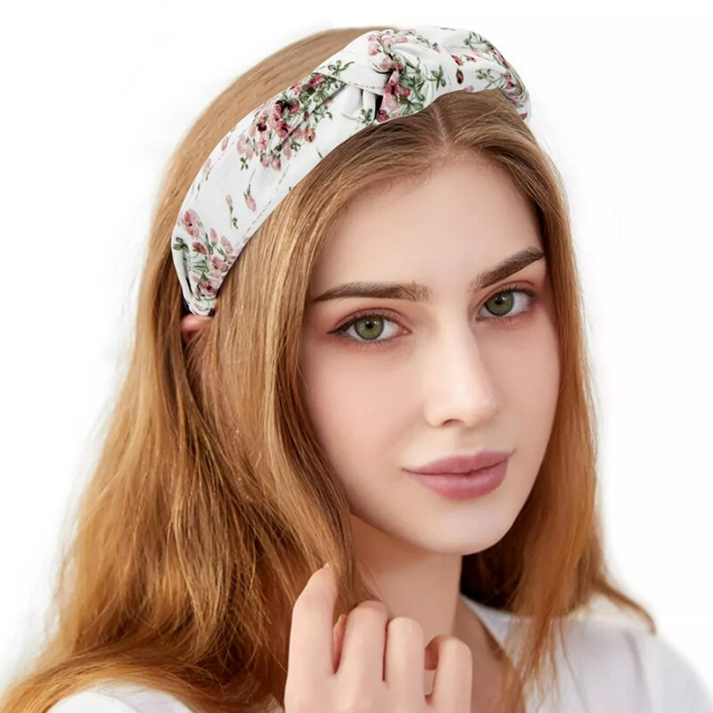 Bentita pentru par, model nod de cravata imprimeu floral, alba, marime ...