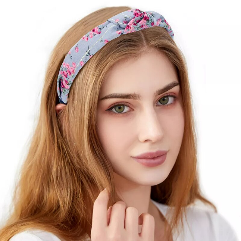 Bentita pentru par, model nod de cravata imprimeu floral, albastra, marime standard, EFAYN - eMAG.ro