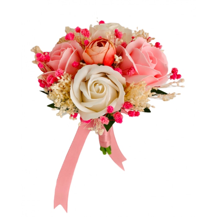 Buchet mic pentru fetite cu bujor, trandafiri si floarea miresei uscata ...