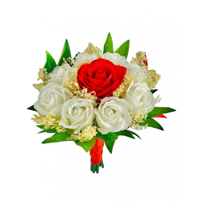 Buchet mic personalizabil cu trandafiri si floarea miresei Rosu, Alb ...