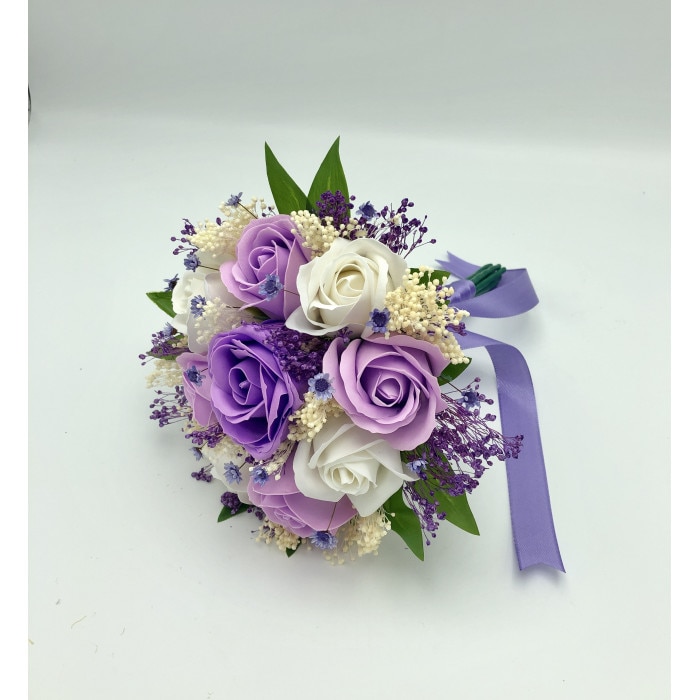 Buchet mic personalizabil cu trandafiri si floarea miresei Lila, Crem ...