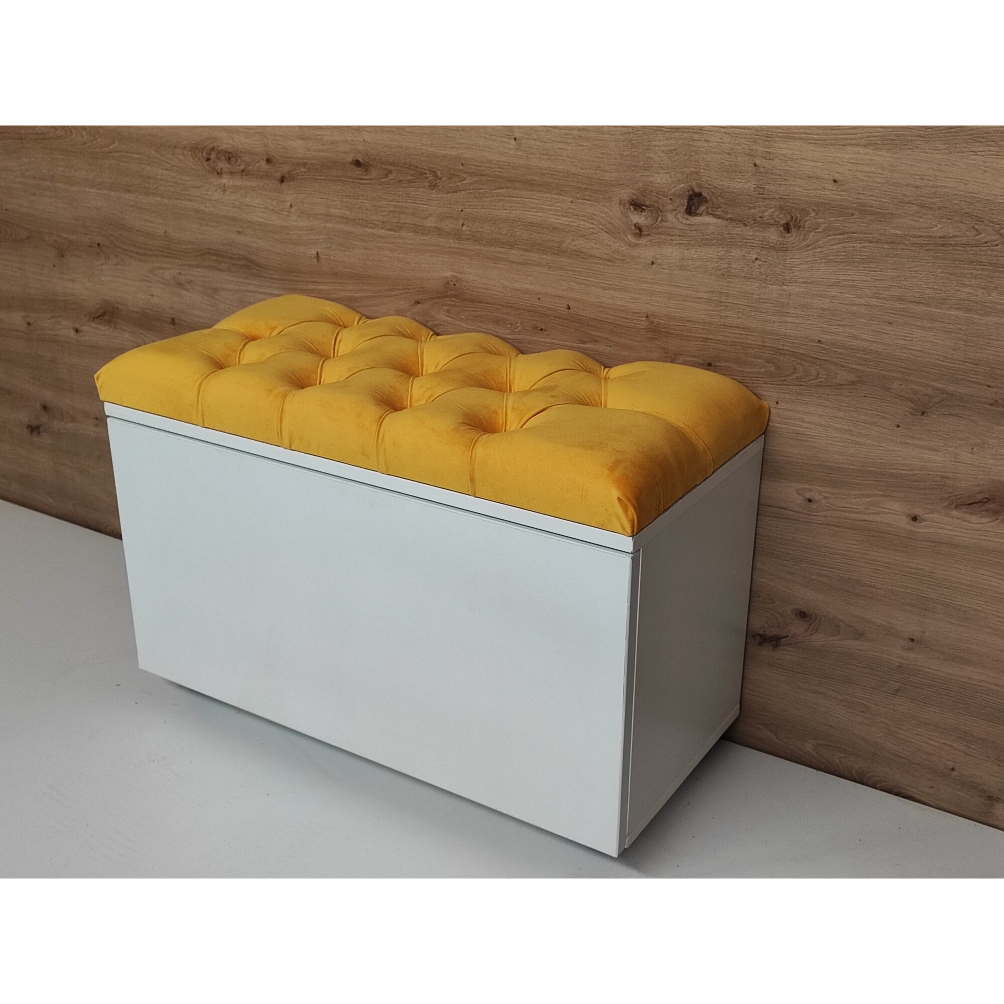 Dulap tip bancuta tapitata din pal melaminat alb/galben, R&M,60×32×48 ...