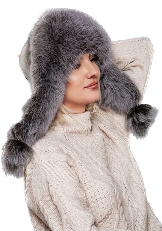 Caciula din blana naturala de vulpe polara si piele, Interior captusit ...