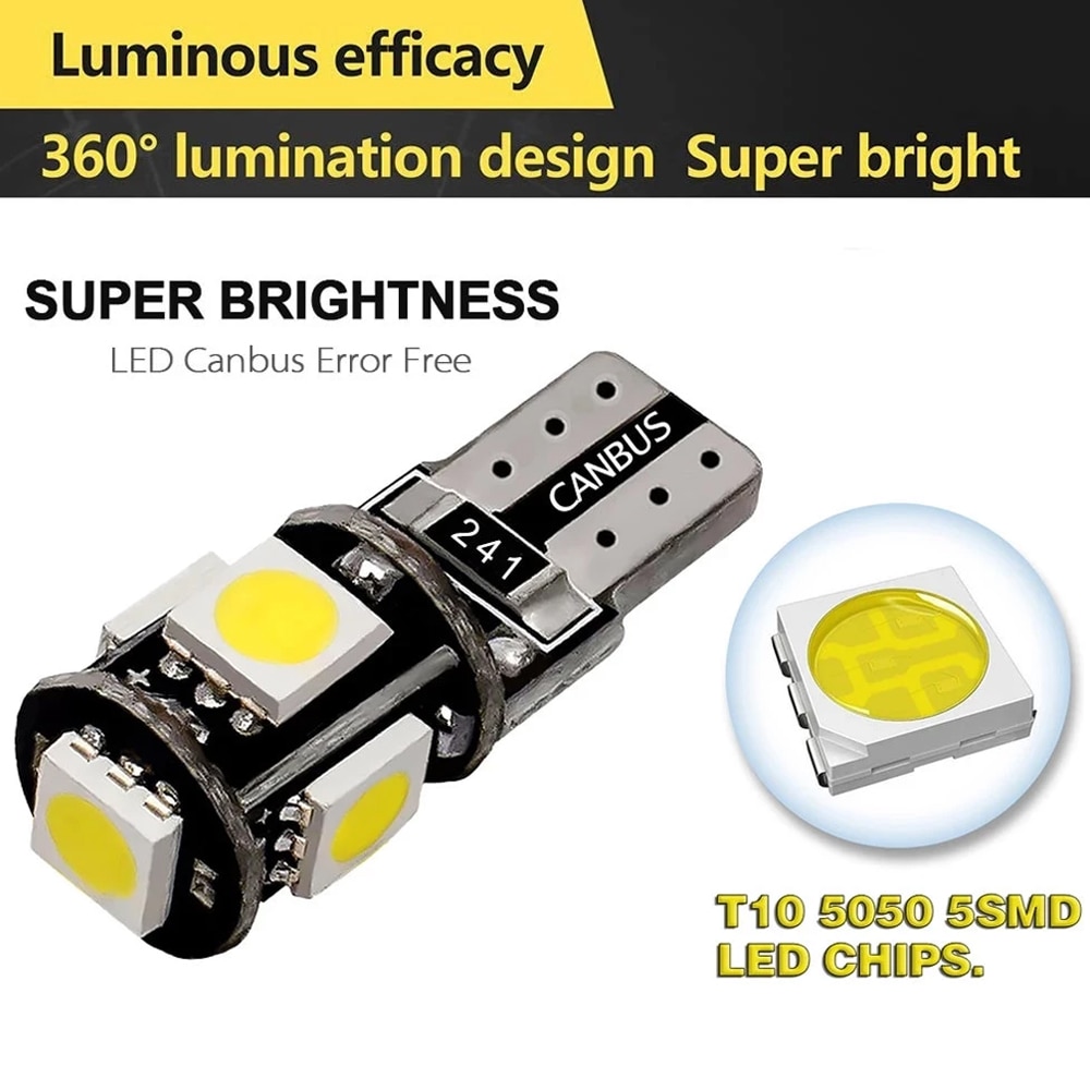 Set 2 becuri T10 Canbus, W5W, 5 SMD, 6000K, 12 V - eMAG.ro