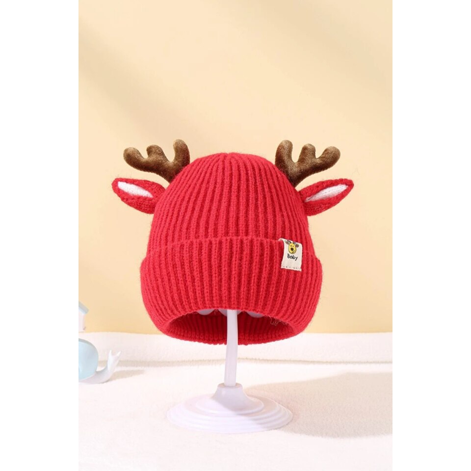 Caciula pentru copii, model cu urechi ren jucaus, 2-5 ani, rosie, EFAYN ...