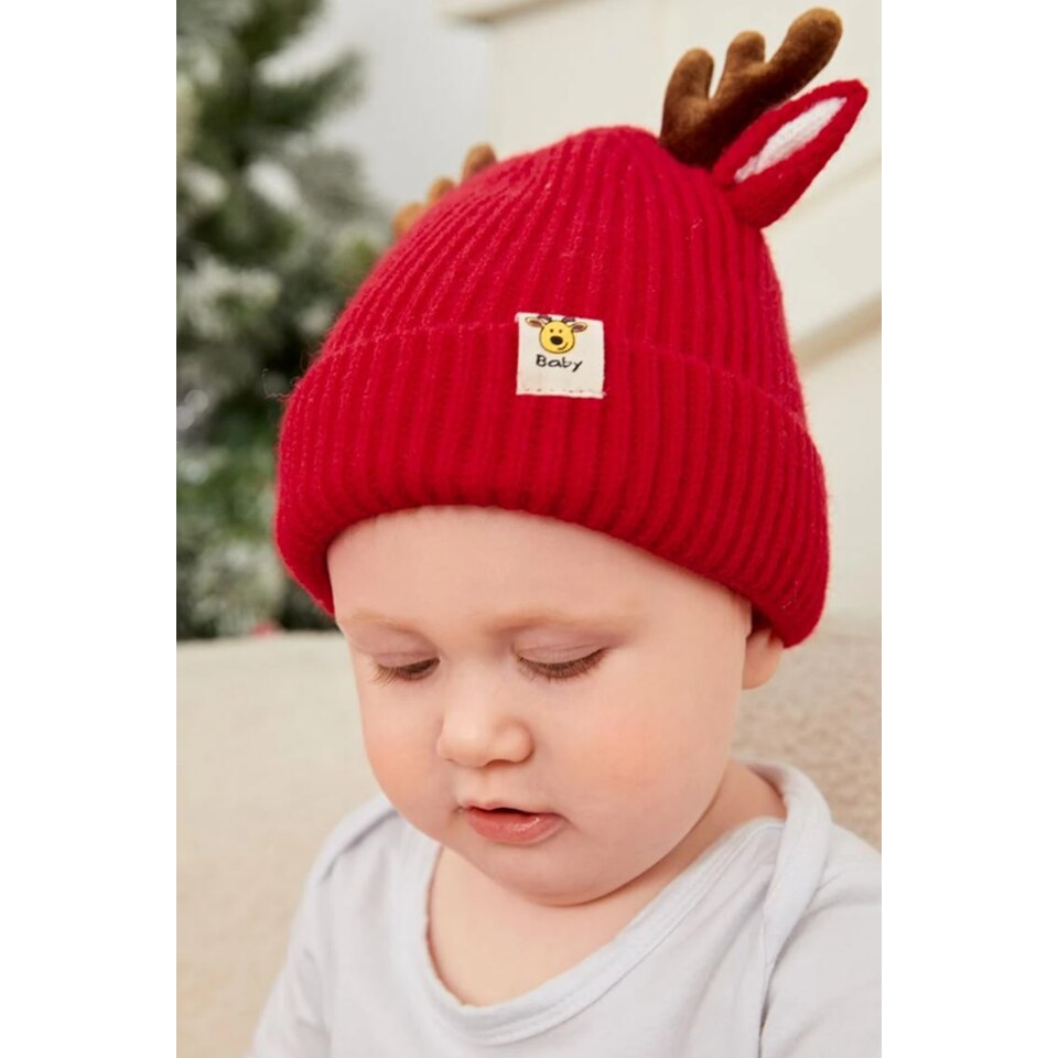 Caciula pentru copii, model cu urechi ren jucaus, 2-5 ani, rosie, EFAYN ...