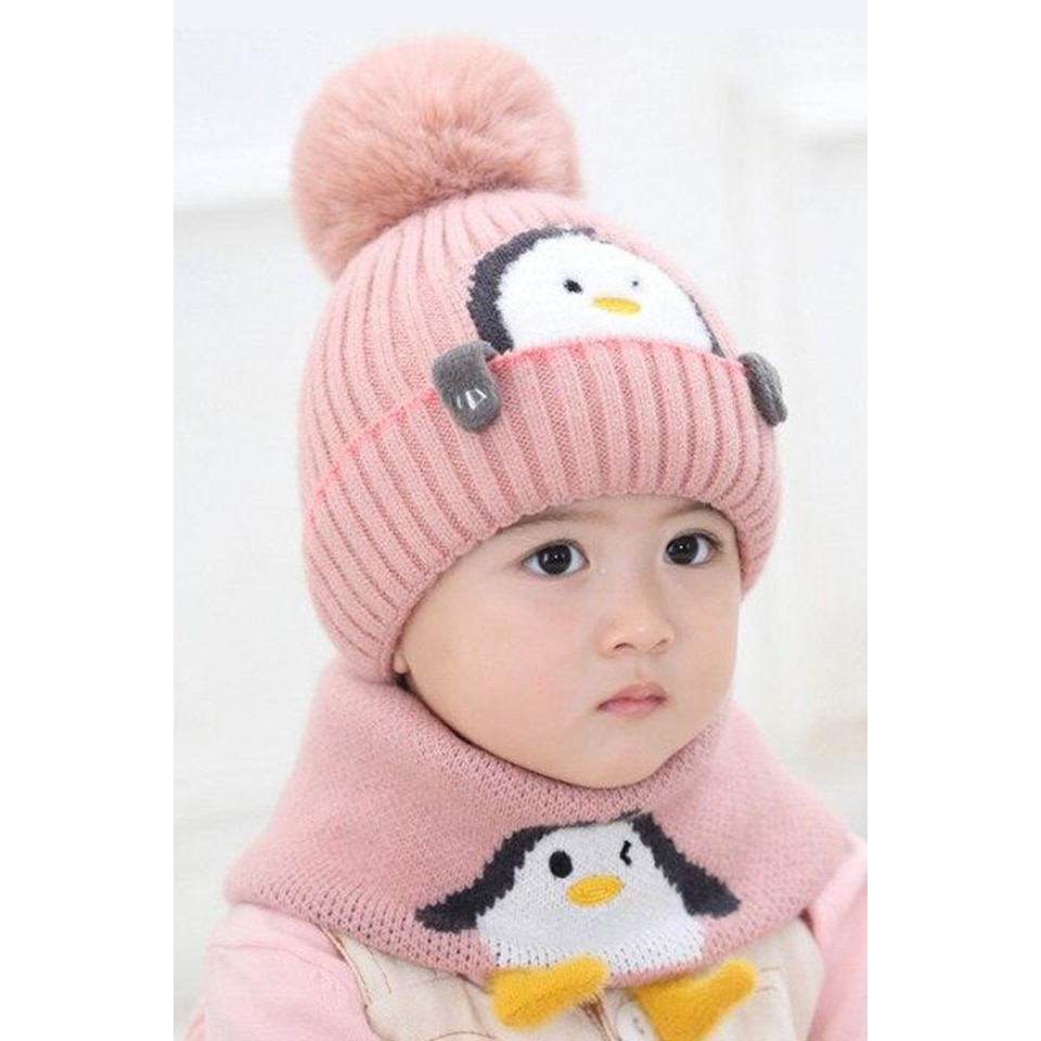 Set caciula copii cu fular pentru iarna, model pinguin vesel, 6 luni ...