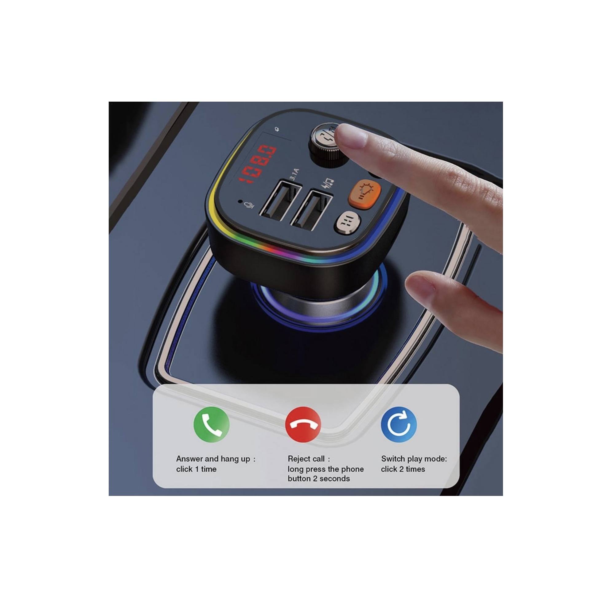 Modulator FM Cu Bluetooth, 2 Porturi USB pentru Incarcare, Lumina RGB ...