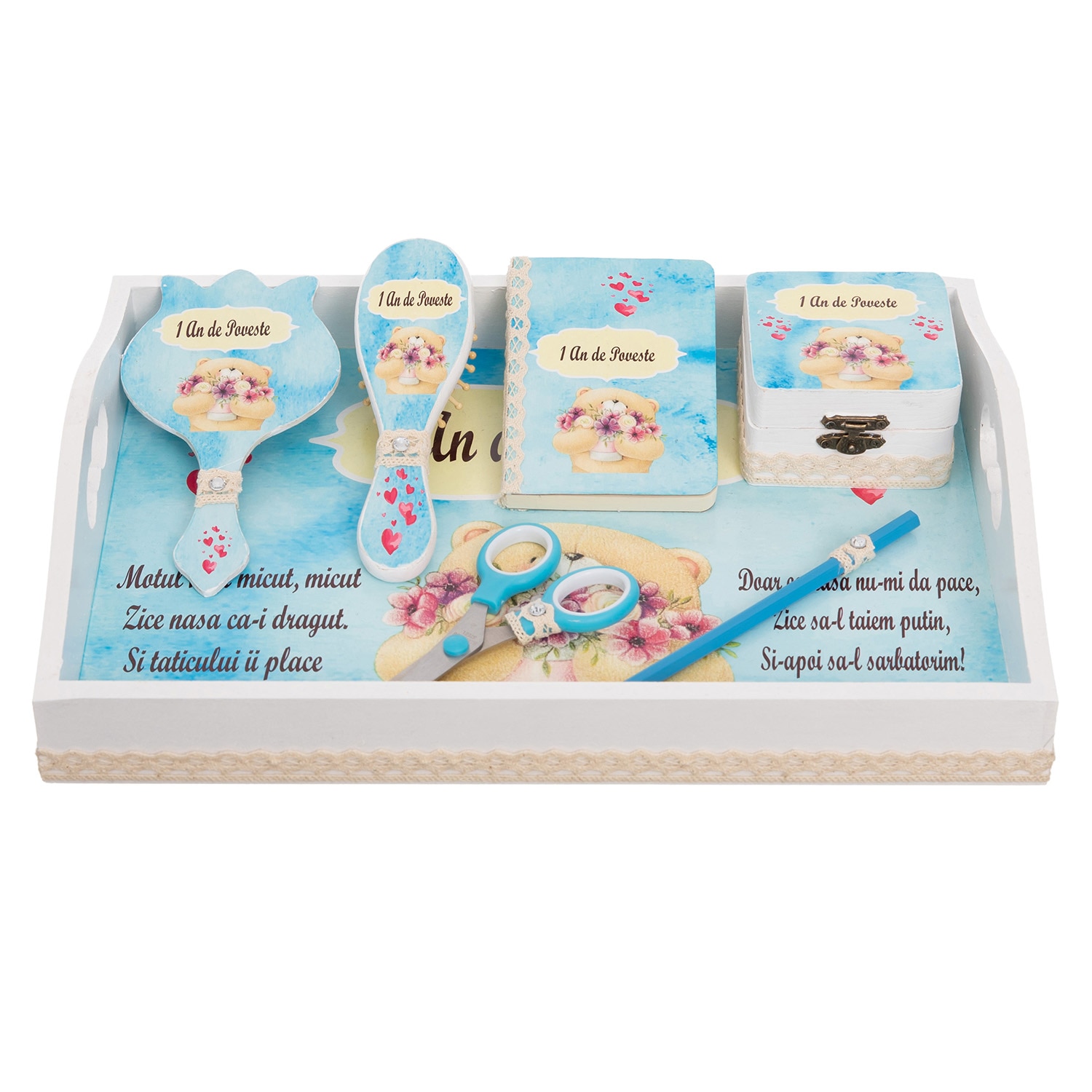 Tavita mot personalizata cu nume si data, Love Teddy, Albastru, 7 piese ...