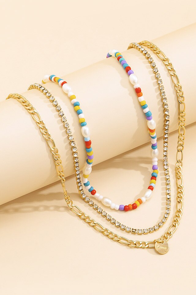 Set trei coliere elegante, margelute colorate, sirag de cristale si ...