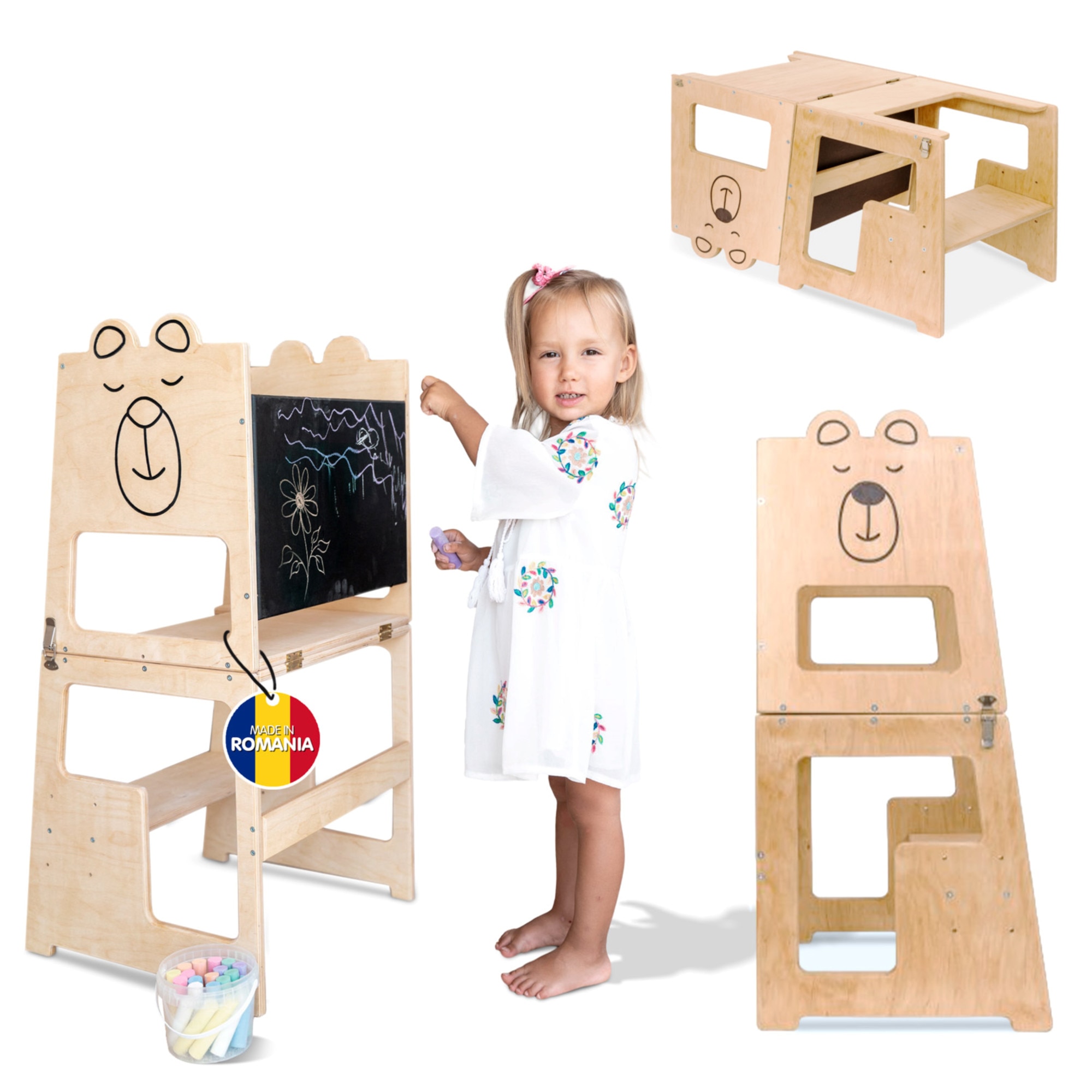 Turn de invatare, Bear, tip Montessori, cu tabla de scris, pentru copii ...