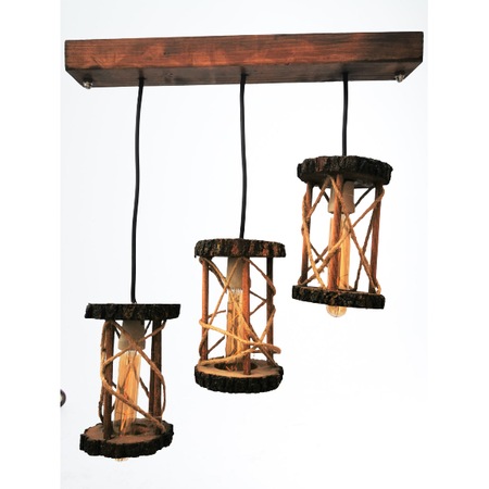 Lustra Rustica-Vintage Hand-Made din lemn natural, 3 abajururi (3 x E27 ...