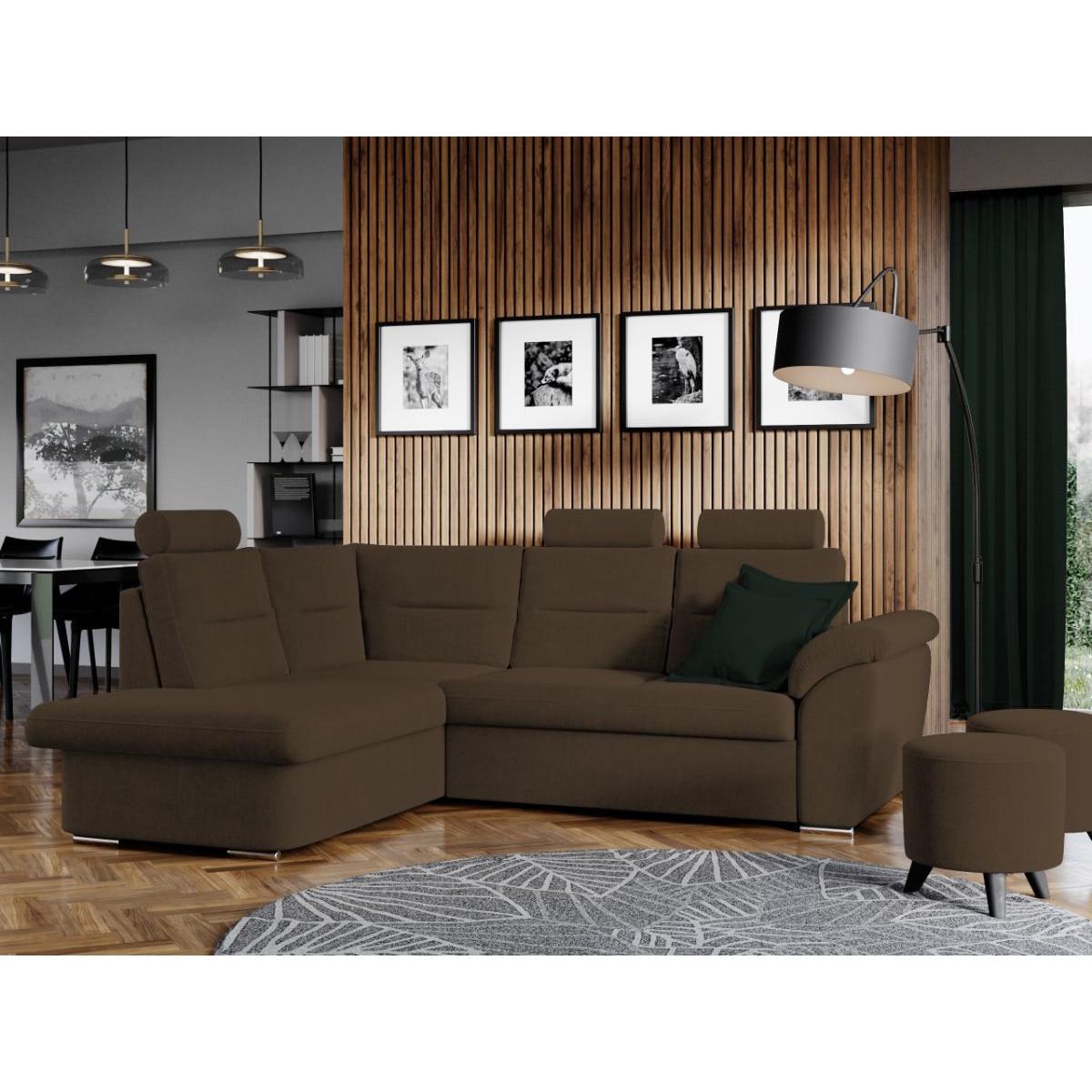 Coltar Biano, extensibil, cu lada depozitare, tetiere reglabile, stofa ...