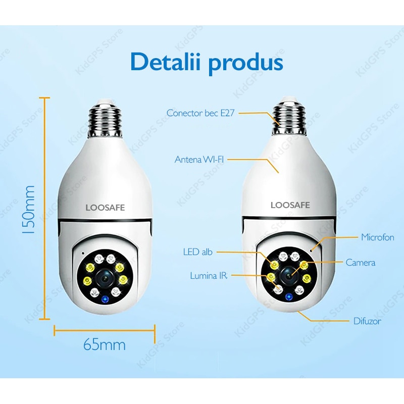 Camera de supraveghere tip bec WIFI Loosafe® 30HSL, 3MP, Full HD 2K, 4X ...