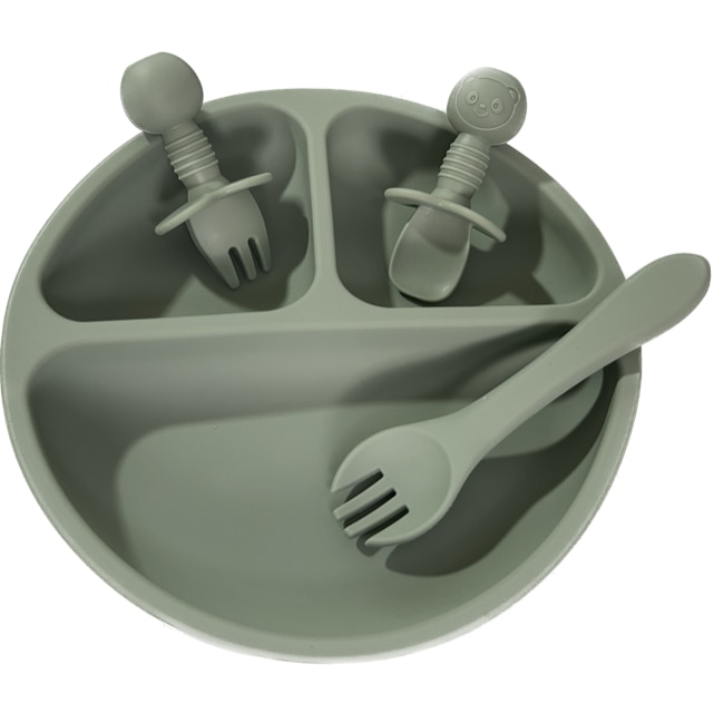 Set 8 piese hranire bebe, diversificare, silicon, baveta, farfurie, bol cu ventuza, lingurita si ...