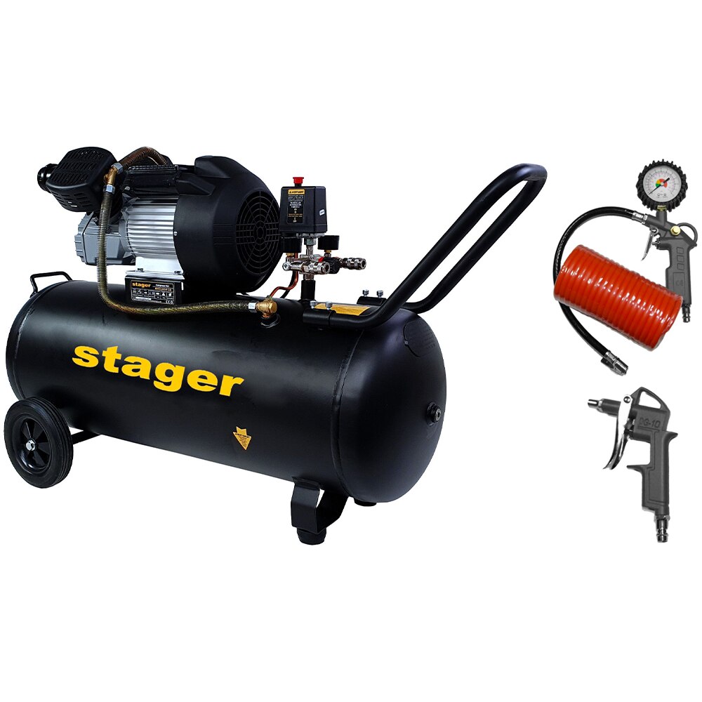 Compresor aer Stager HM3100V-10, 100L, 10bar, 356L/min, monofazat, angrenare directa, kit 3 ...