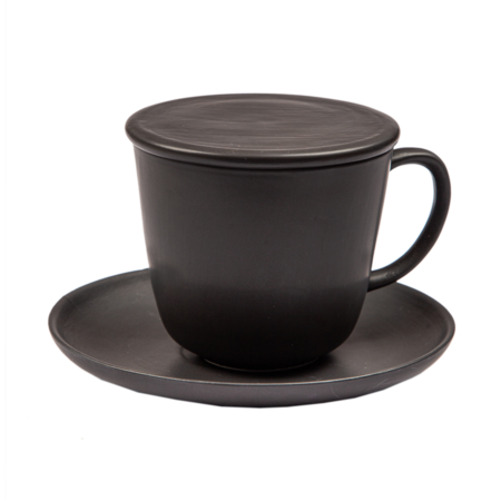 Cana ceai cu capac si farfurie, portelan negru 480ml - eMAG.ro