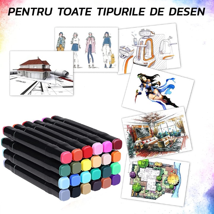 Set 24 Markere Eliandeco ®, Cu 2 Varfuri Intens Colorate, Geanta De ...